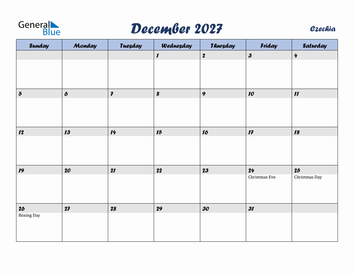 December 2027 Monthly Calendar Template with Holidays for Czechia