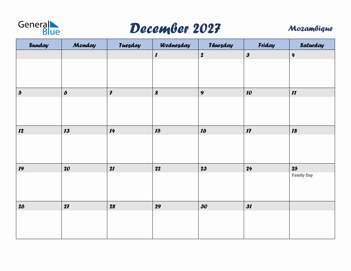 December 2027 Monthly Calendar Template with Holidays for Mozambique