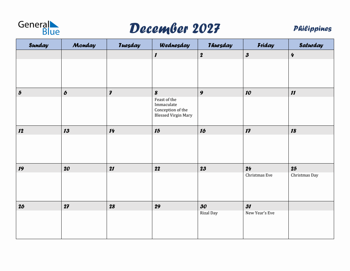 December 2027 Monthly Calendar Template with Holidays for Philippines
