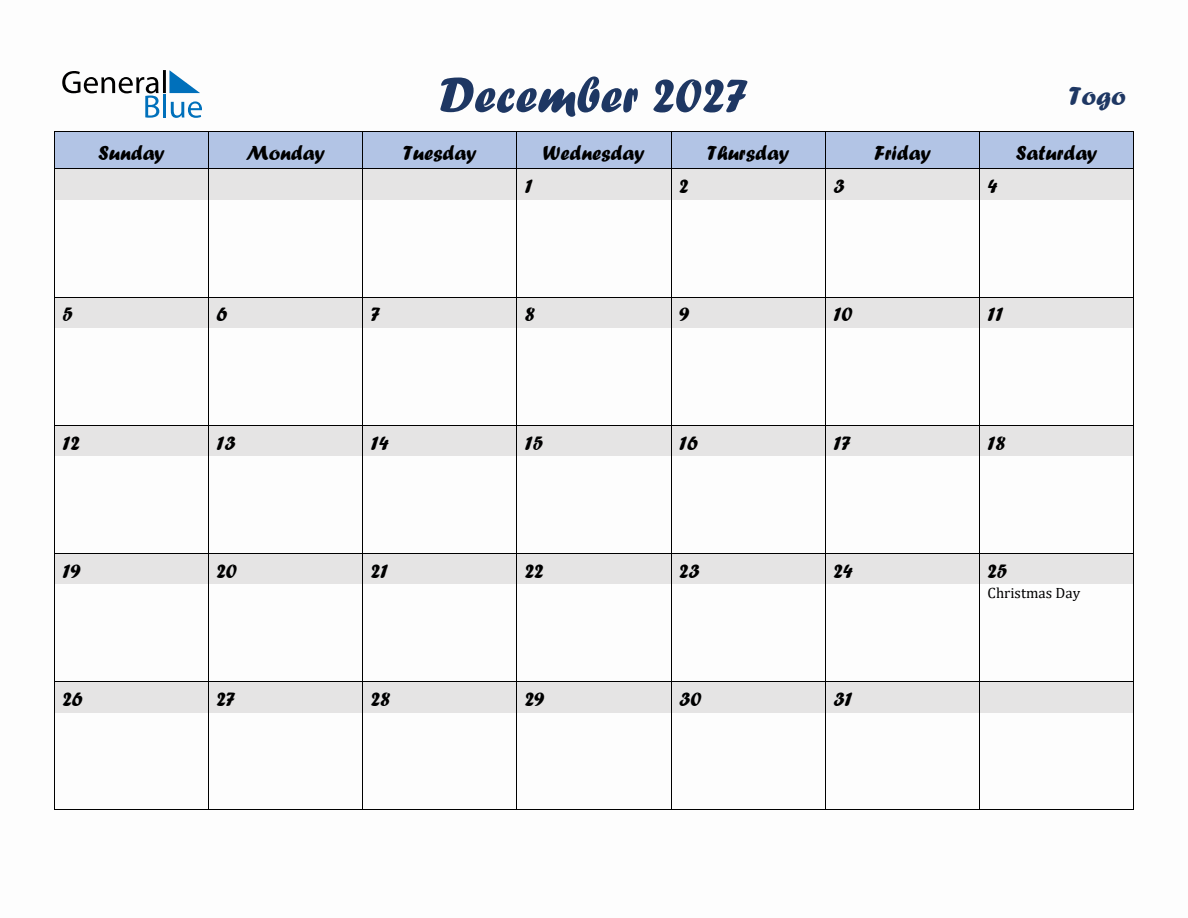 December 2027 Monthly Calendar Template with Holidays for Togo