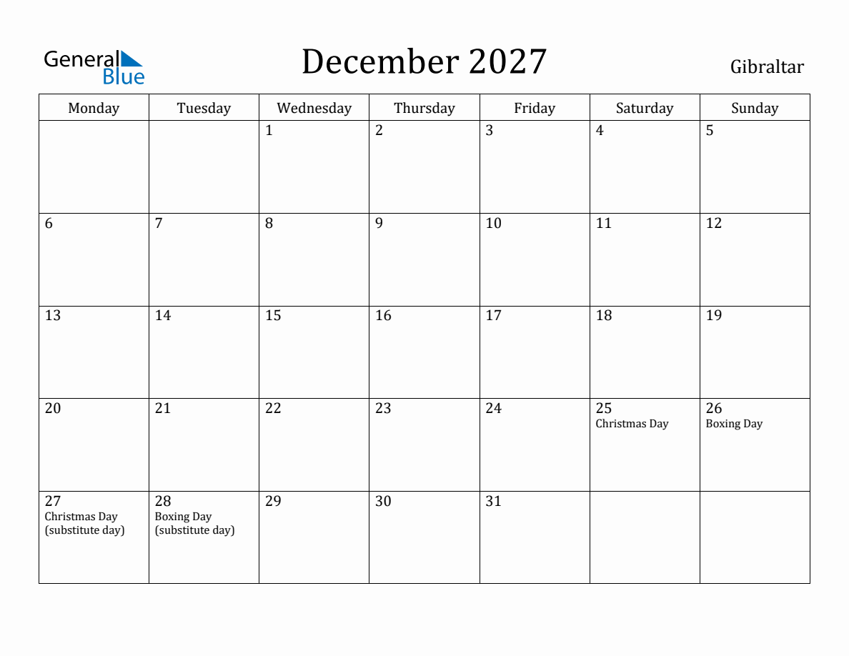 Gibraltar Monthly Calendar - December 2027 (Monday Start)