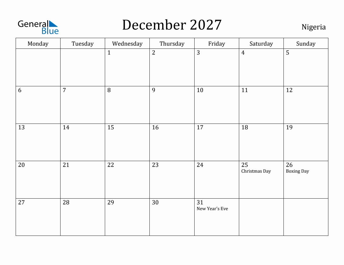 December 2027 Monthly Calendar with Nigeria Holidays (Monday Start)