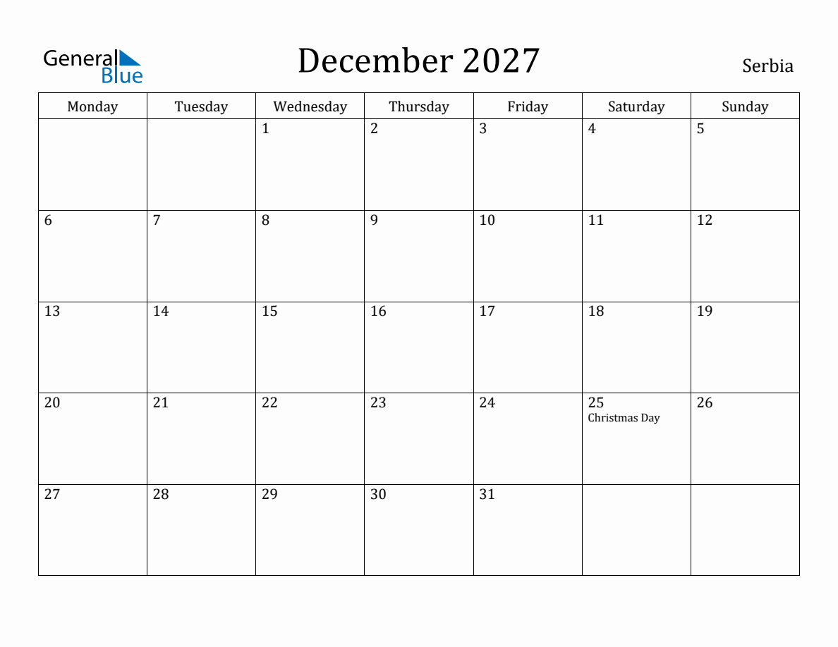 December 2027 Monthly Calendar with Serbia Holidays (Monday Start)
