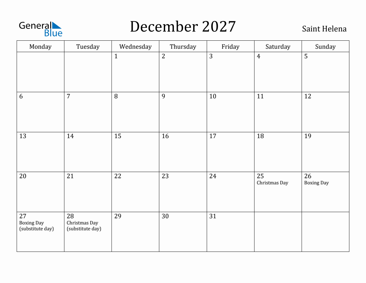 December 2027 Monthly Calendar with Saint Helena Holidays (Monday Start)