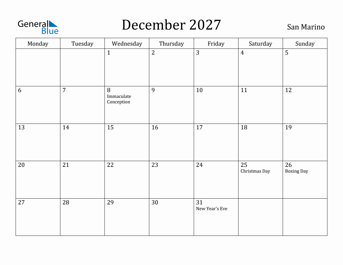 December 2027 Monthly Calendar with San Marino Holidays (Monday Start)