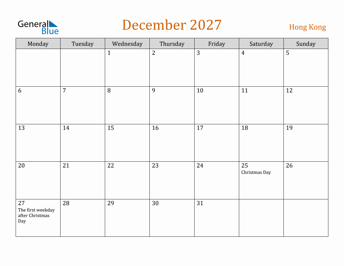 Free December 2027 Hong Kong Calendar (Monday Start)