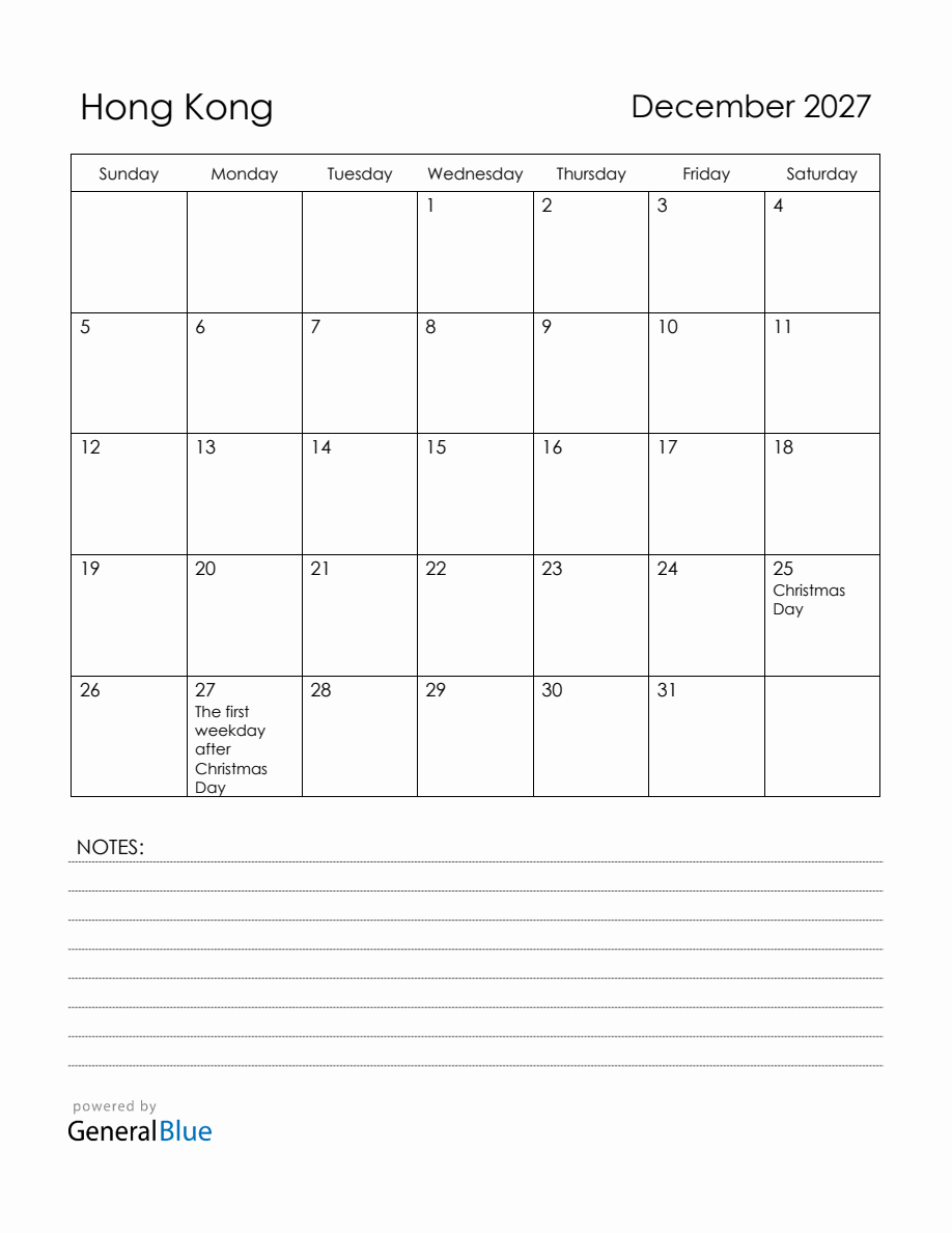 December 2027 Hong Kong Calendar with Holidays