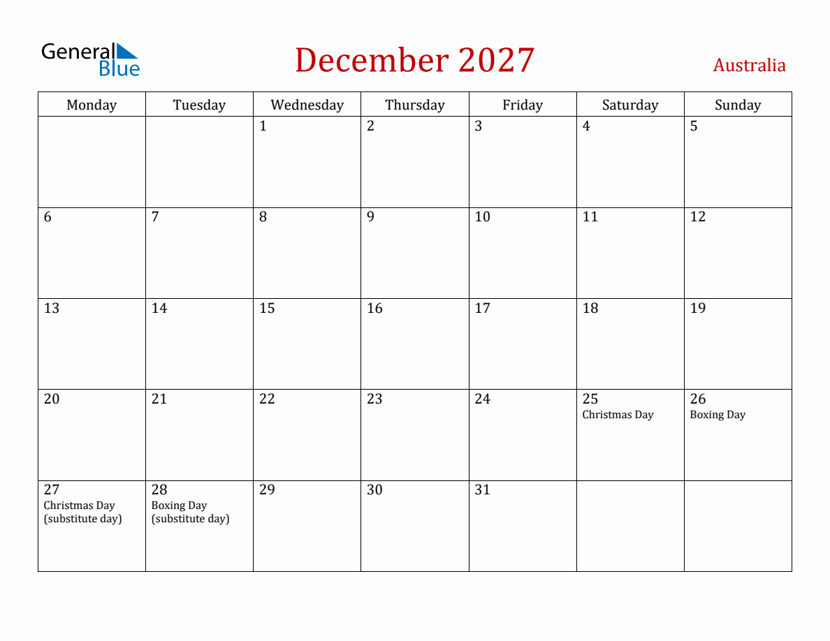 December 2027 Australia Monthly Calendar with Holidays (Monday Start)