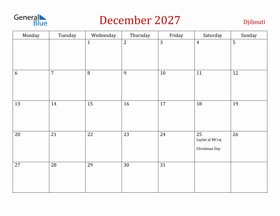 December 2027 Djibouti Monthly Calendar with Holidays (Monday Start)