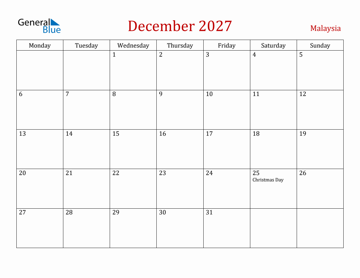December 2027 Malaysia Monthly Calendar with Holidays (Monday Start)