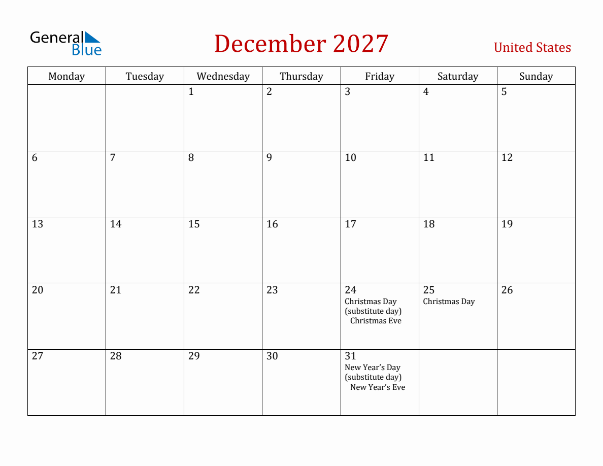 December 2027 United States Monthly Calendar with Holidays