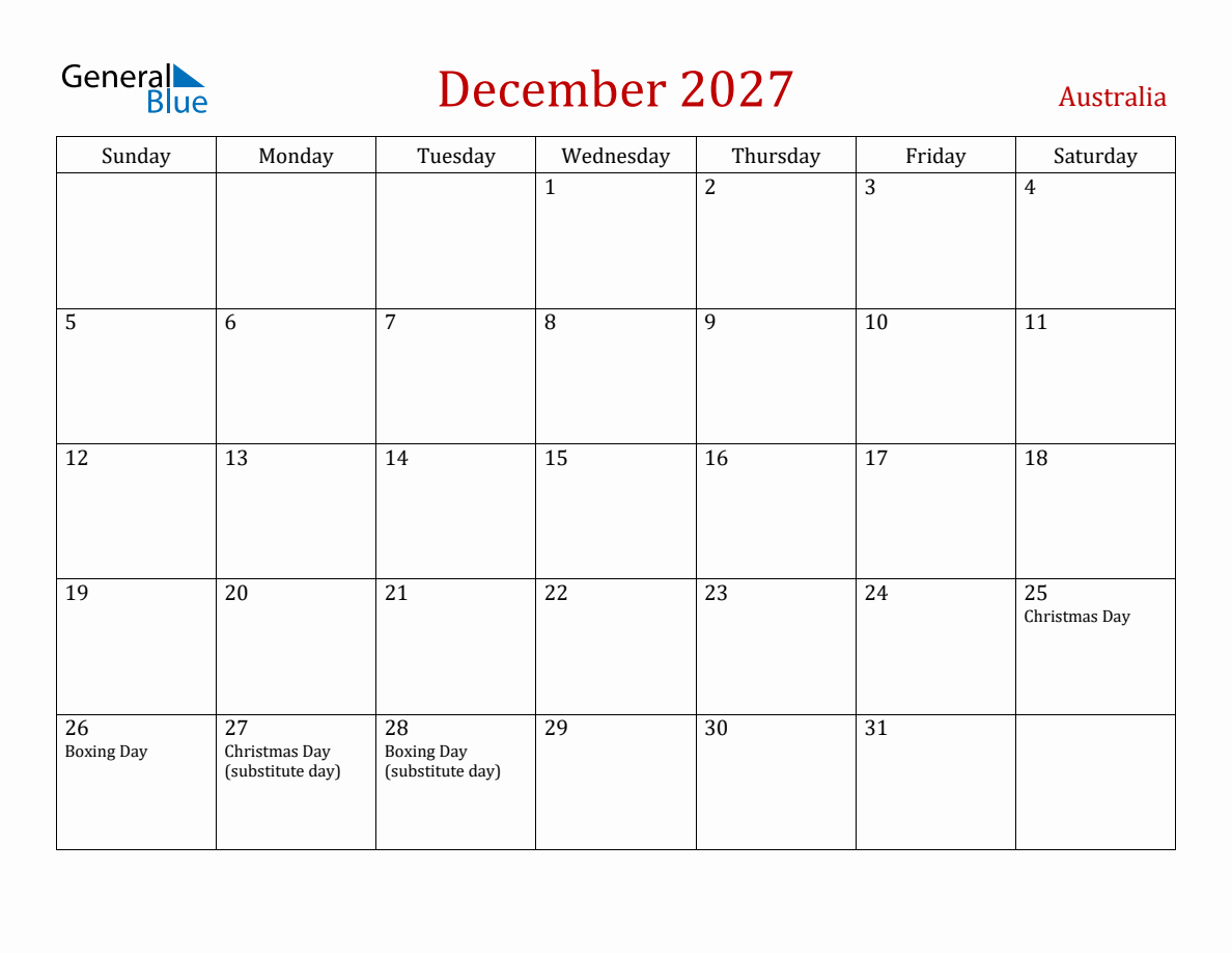 December 2027 Australia Monthly Calendar with Holidays