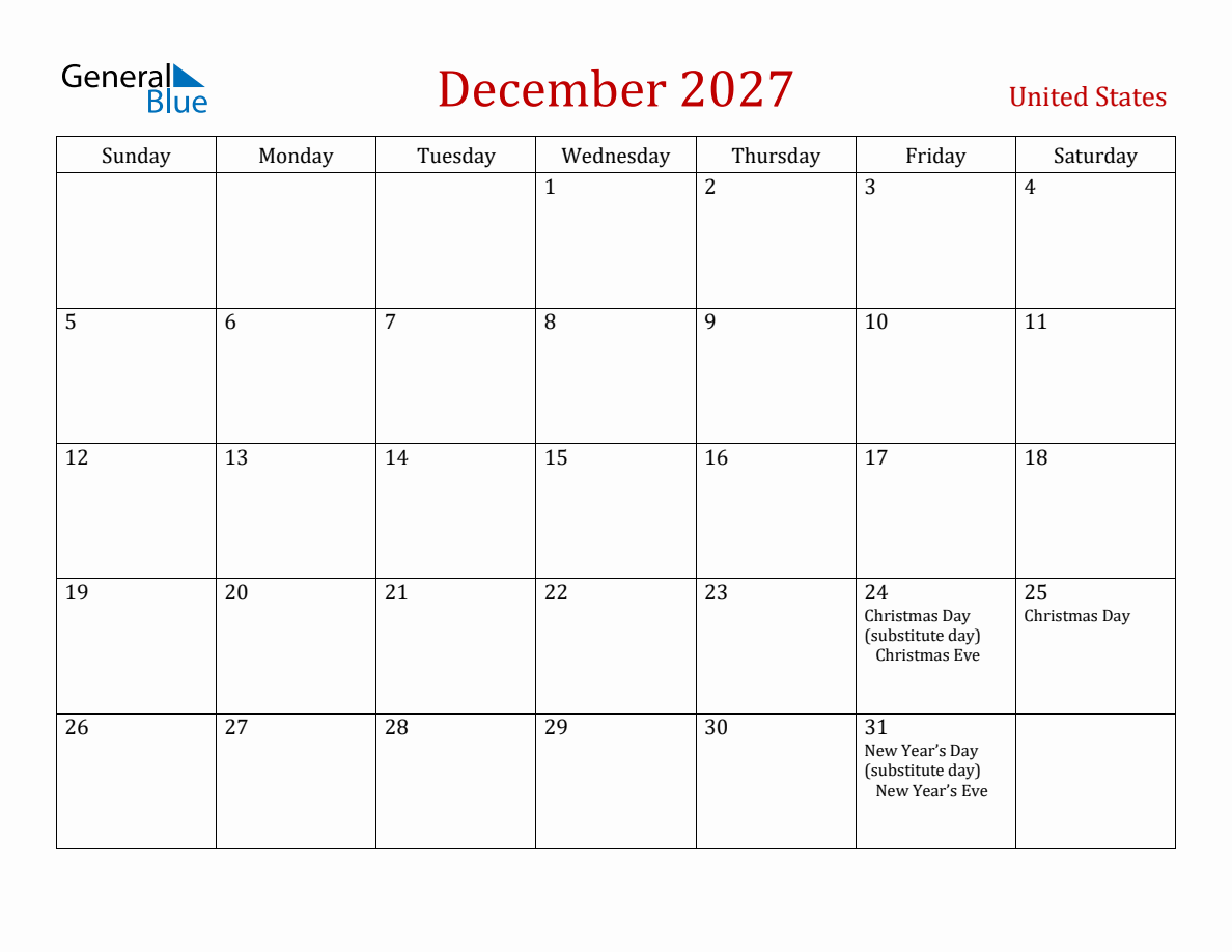 December 2027 United States Monthly Calendar with Holidays