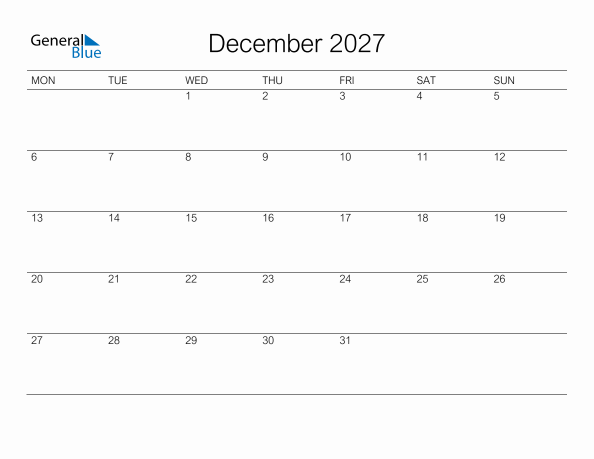 Printable December 2027 Monthly Calendar - Monday Start