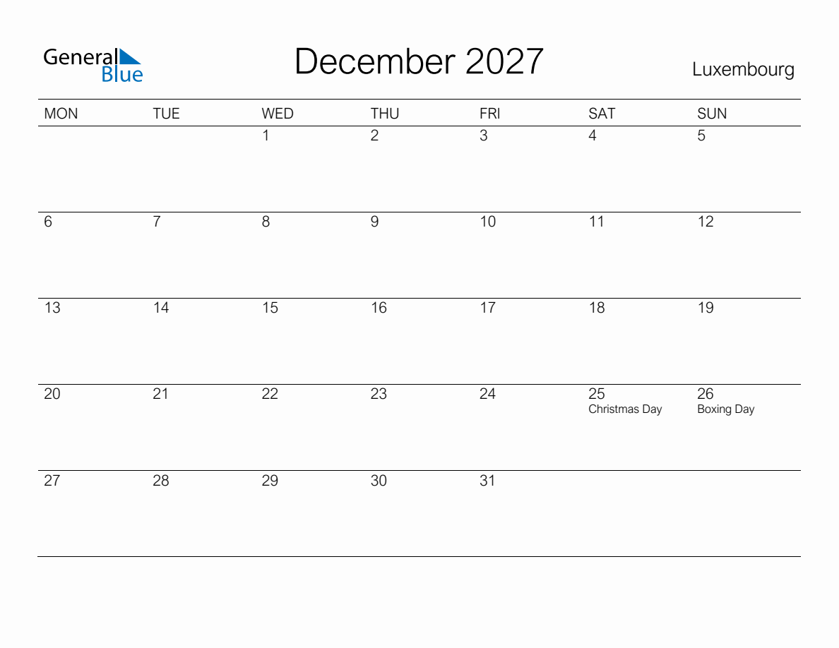 Printable December 2027 Monthly Calendar with Holidays for Luxembourg ...