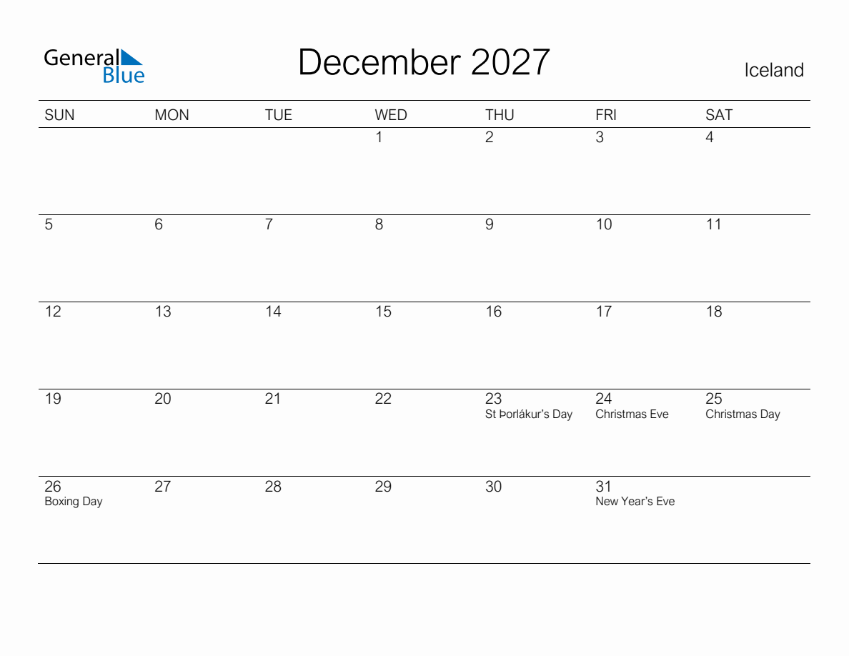 Printable December 2027 Monthly Calendar with Holidays for Iceland