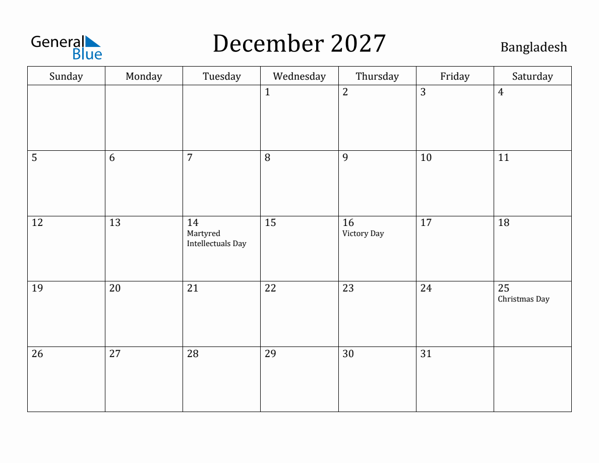 December 2027 Monthly Calendar with Bangladesh Holidays