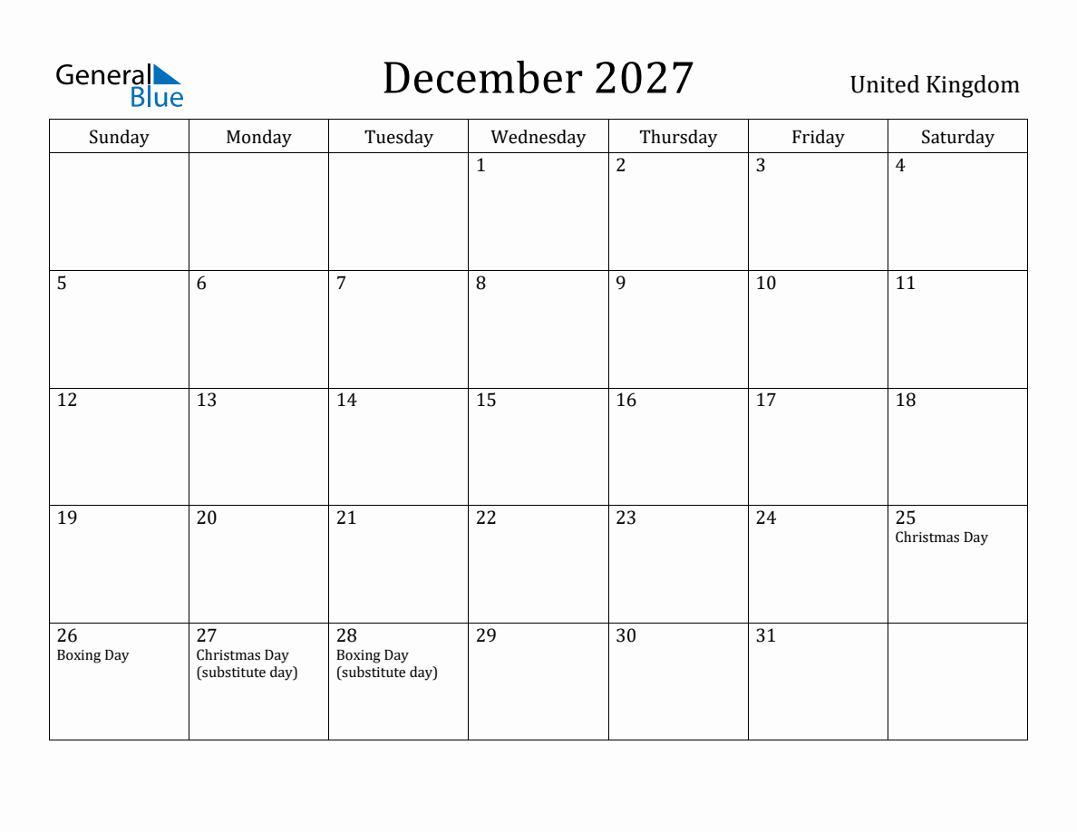 December 2027 Monthly Calendar with United Kingdom Holidays