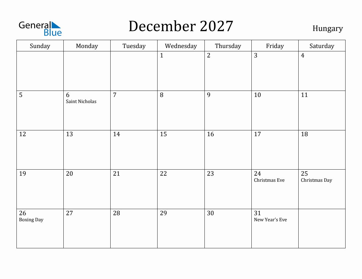 December 2027 Monthly Calendar with Hungary Holidays