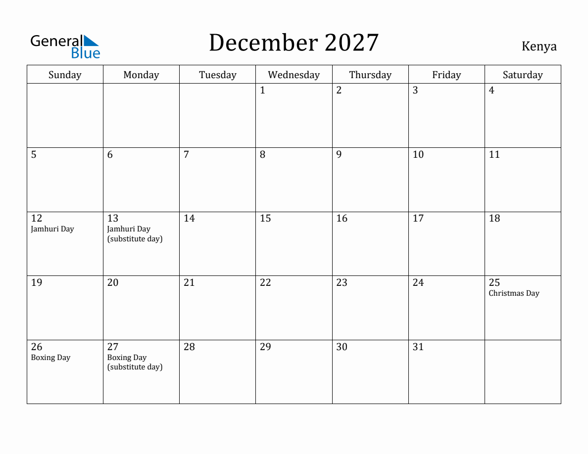 December 2027 Monthly Calendar with Kenya Holidays