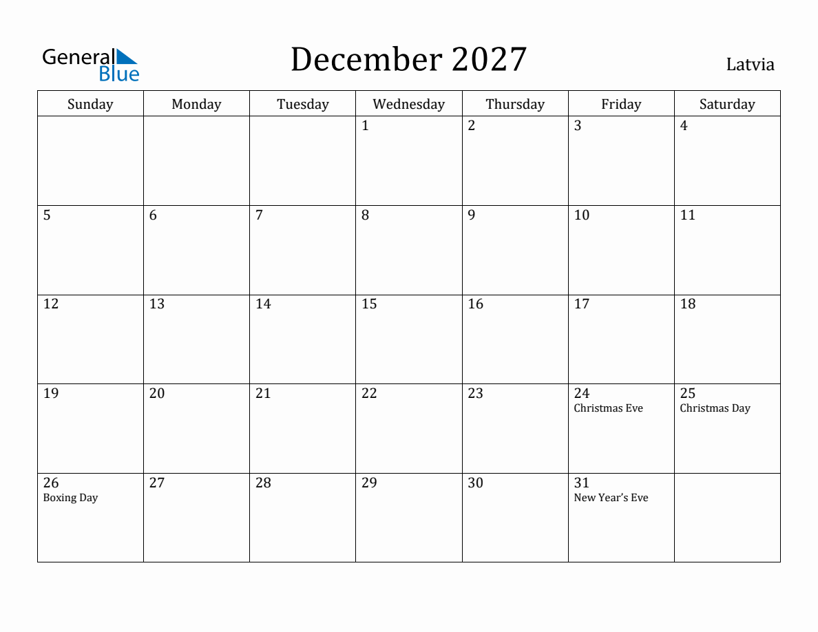 December 2027 Monthly Calendar with Latvia Holidays