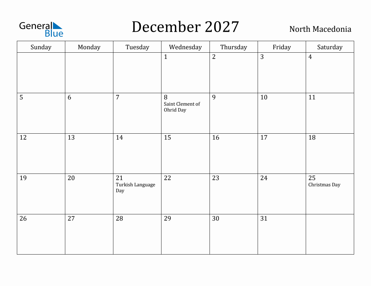 December 2027 Monthly Calendar with North Macedonia Holidays