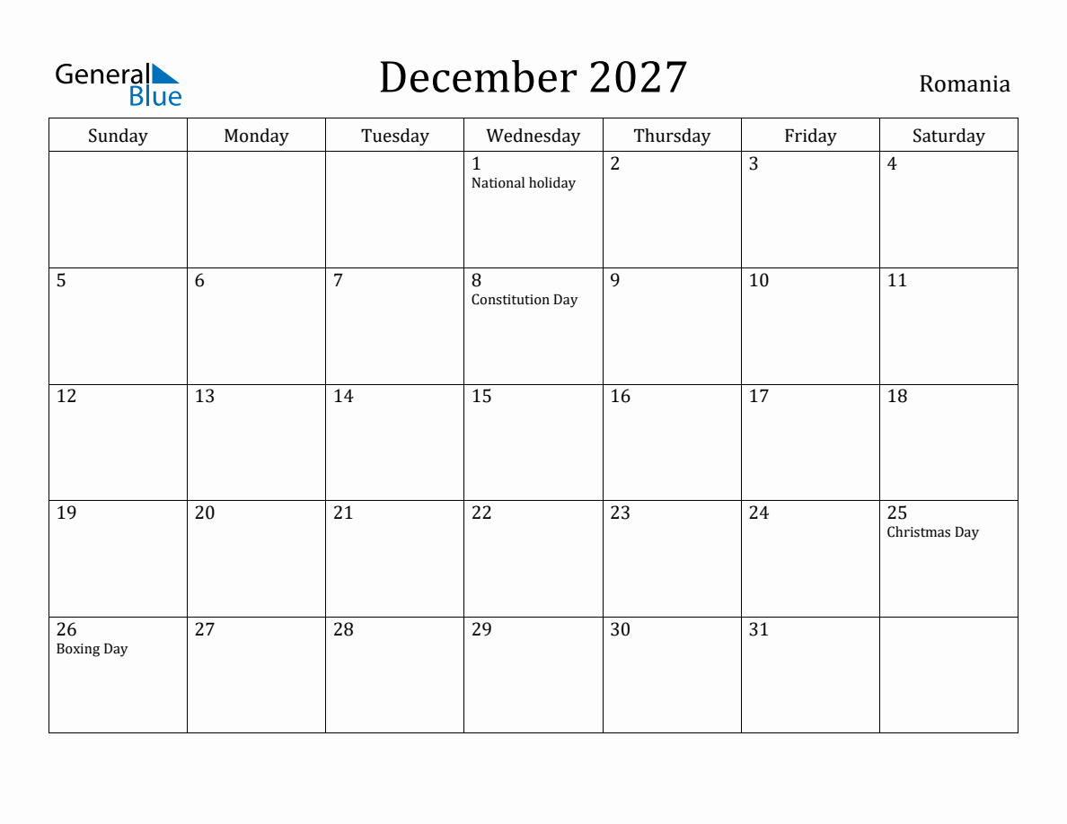 December 2027 Monthly Calendar with Romania Holidays