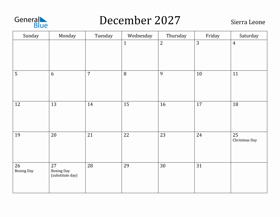 December 2027 Monthly Calendar with Sierra Leone Holidays