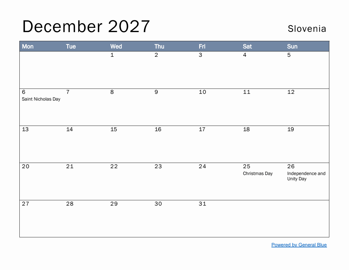 Free Monthly Calendar Template for December 2027 with Slovenia Holidays ...
