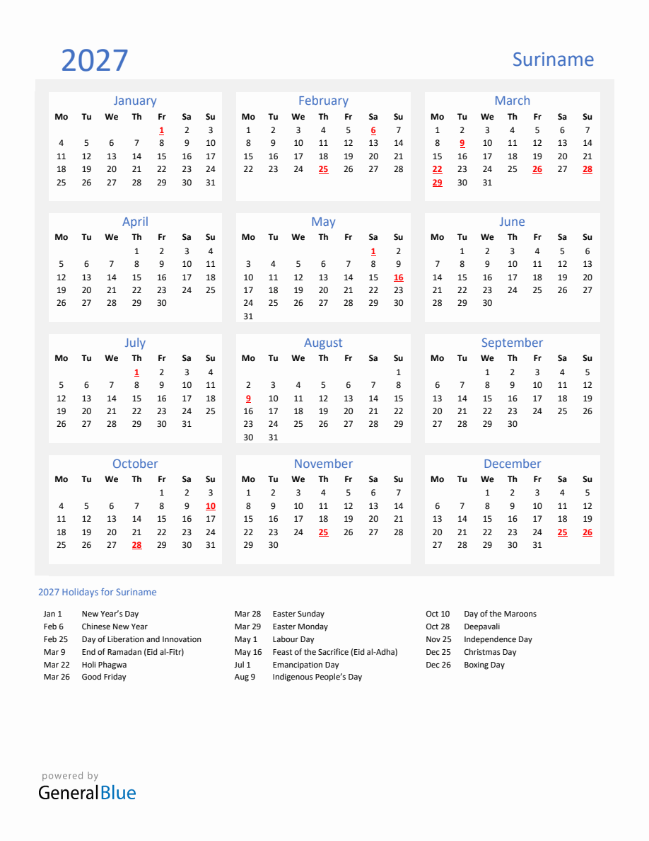 Basic Yearly Calendar with Holidays in Suriname for 2027 - Monday Start
