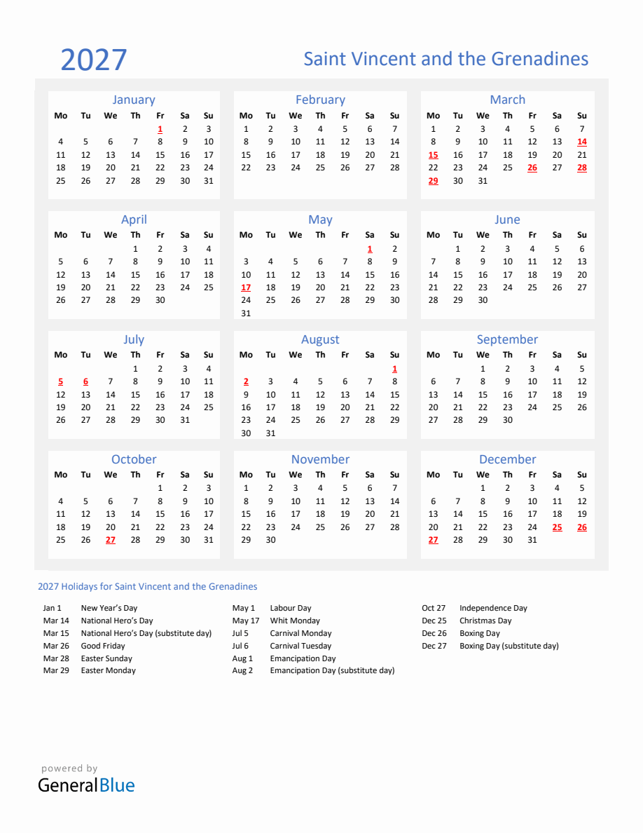 Basic Yearly Calendar with Holidays in Saint Vincent and the Grenadines ...