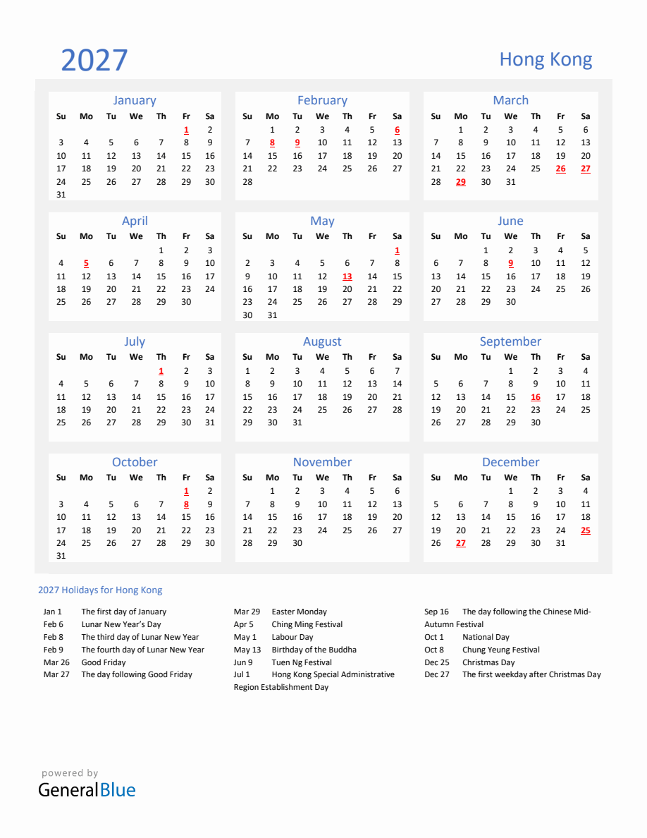 Basic Yearly Calendar with Holidays in Hong Kong for 2027