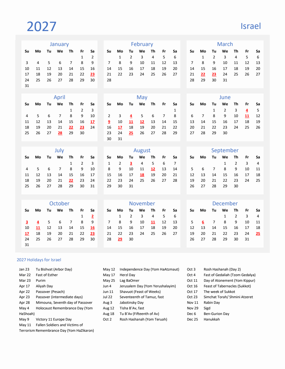 Basic Yearly Calendar with Holidays in Israel for 2027