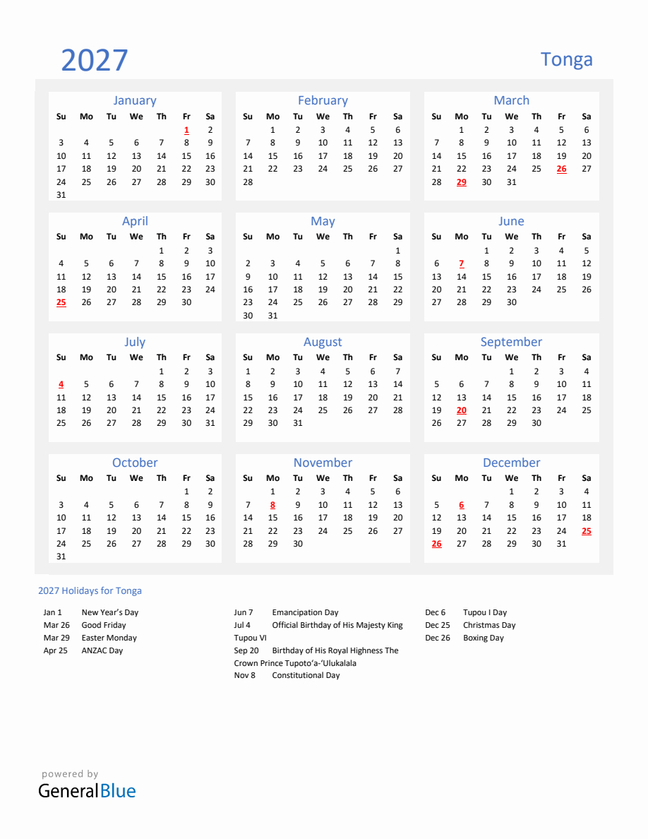 Basic Yearly Calendar with Holidays in Tonga for 2027