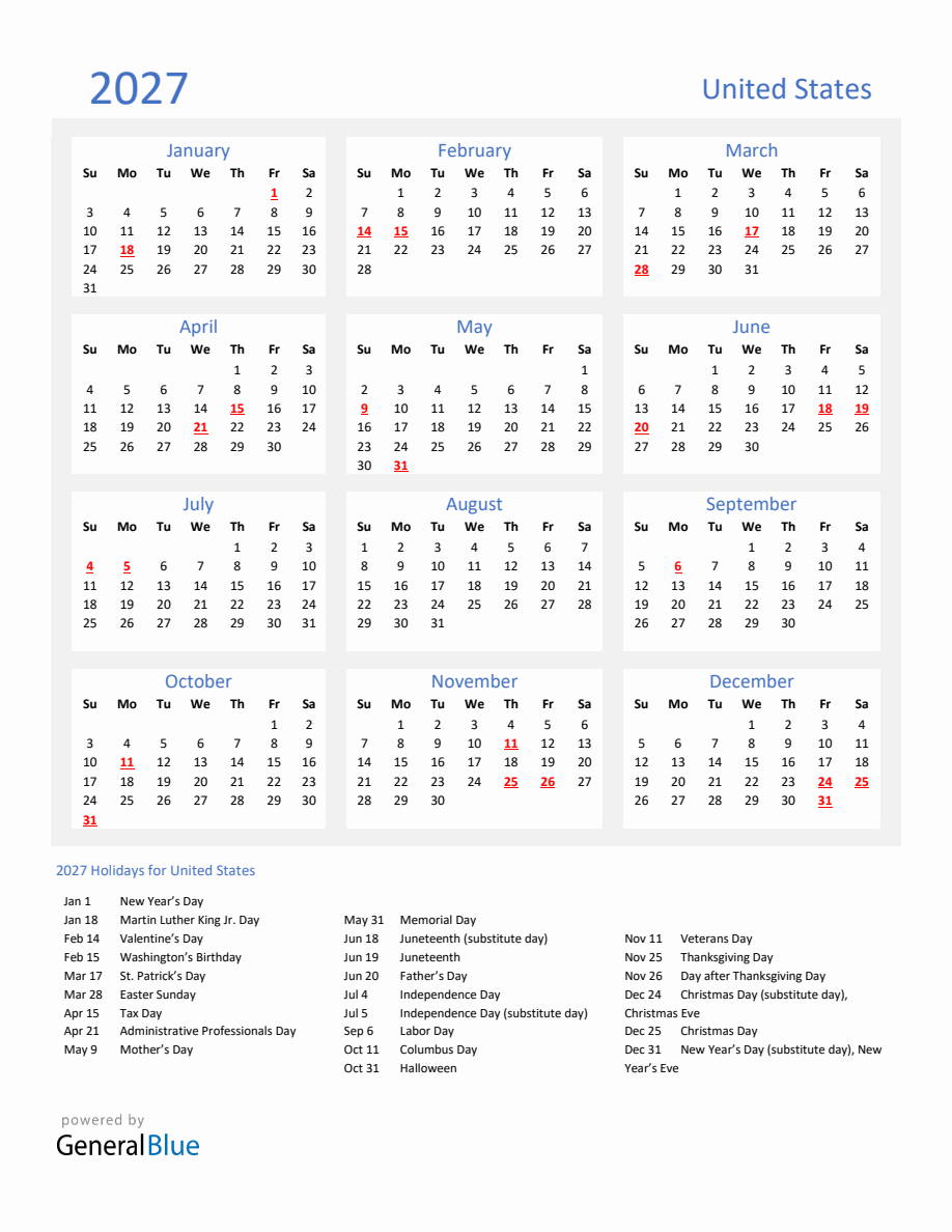 Basic Yearly Calendar with Holidays in United States for 2027