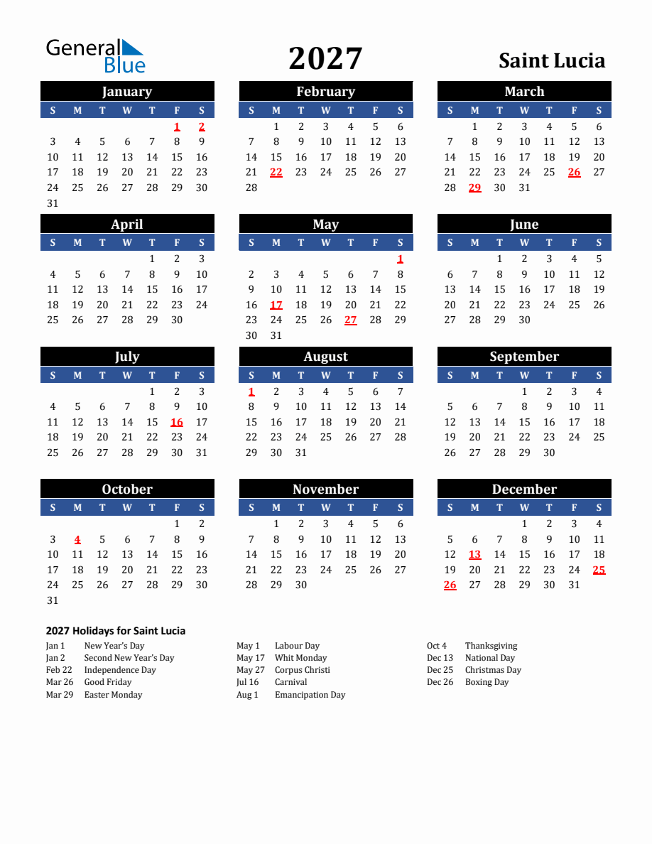 2027 Saint Lucia Holiday Calendar