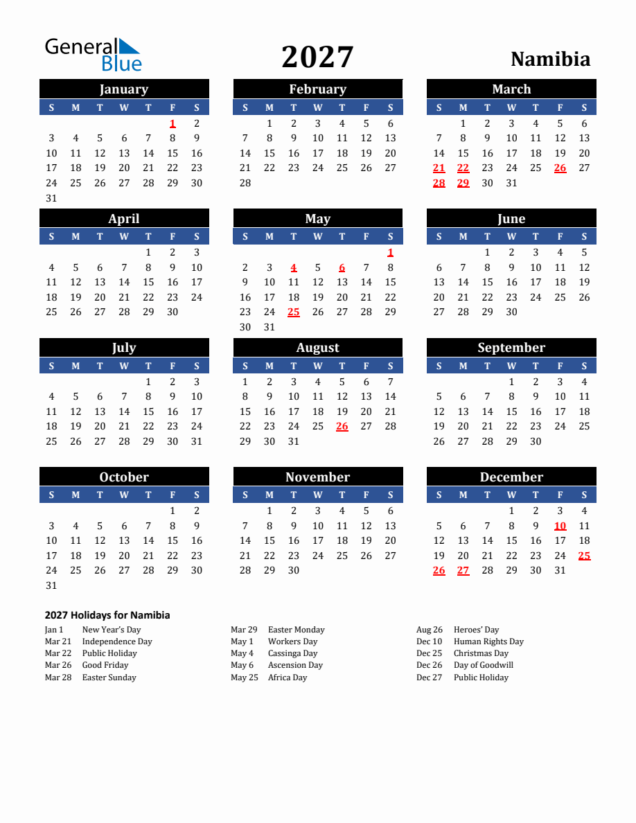 2027 Namibia Holiday Calendar