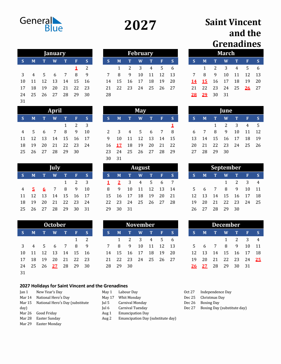 2027 Saint Vincent and the Grenadines Holiday Calendar
