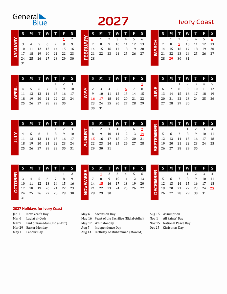 Ivory Coast 2027 Yearly Calendar Downloadable