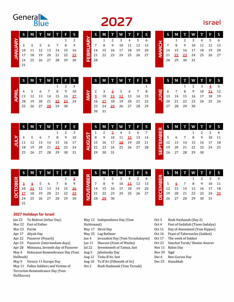 Israel 2027 Yearly Calendar Downloadable
