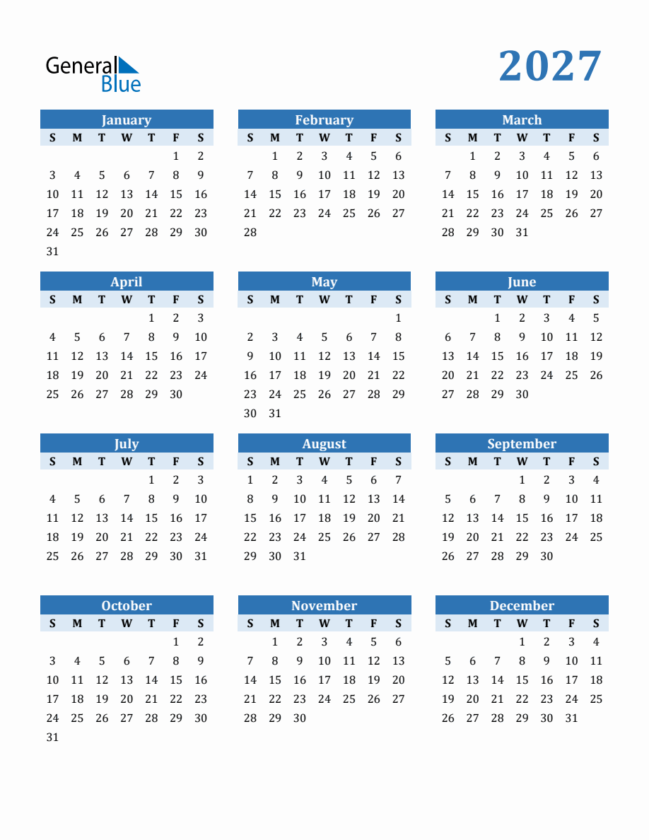 Free 2027 Year Calendar in PDF, Word, and Excel