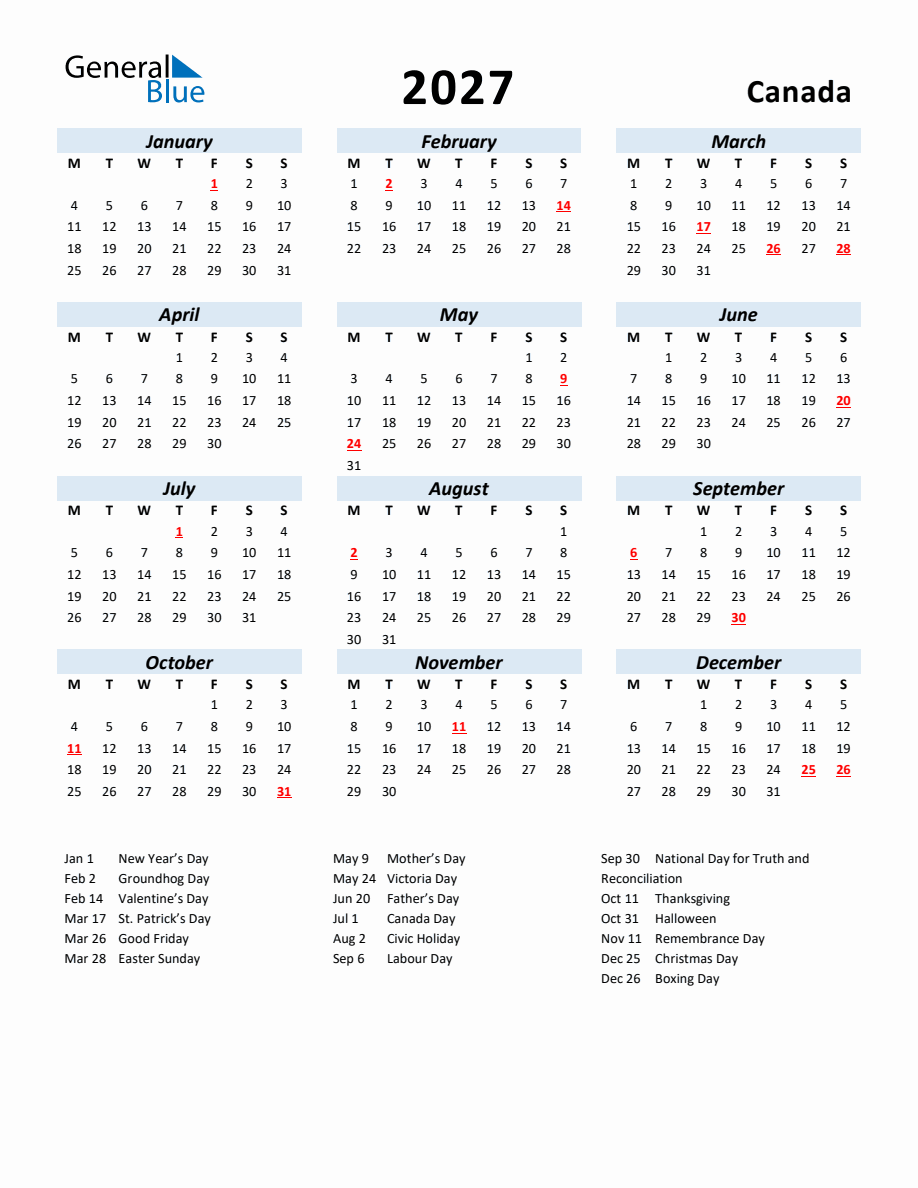 2027 Yearly Calendar for Canada with Holidays - Monday Start