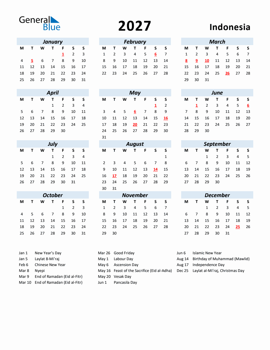 2027 Yearly Calendar for Indonesia with Holidays - Monday Start
