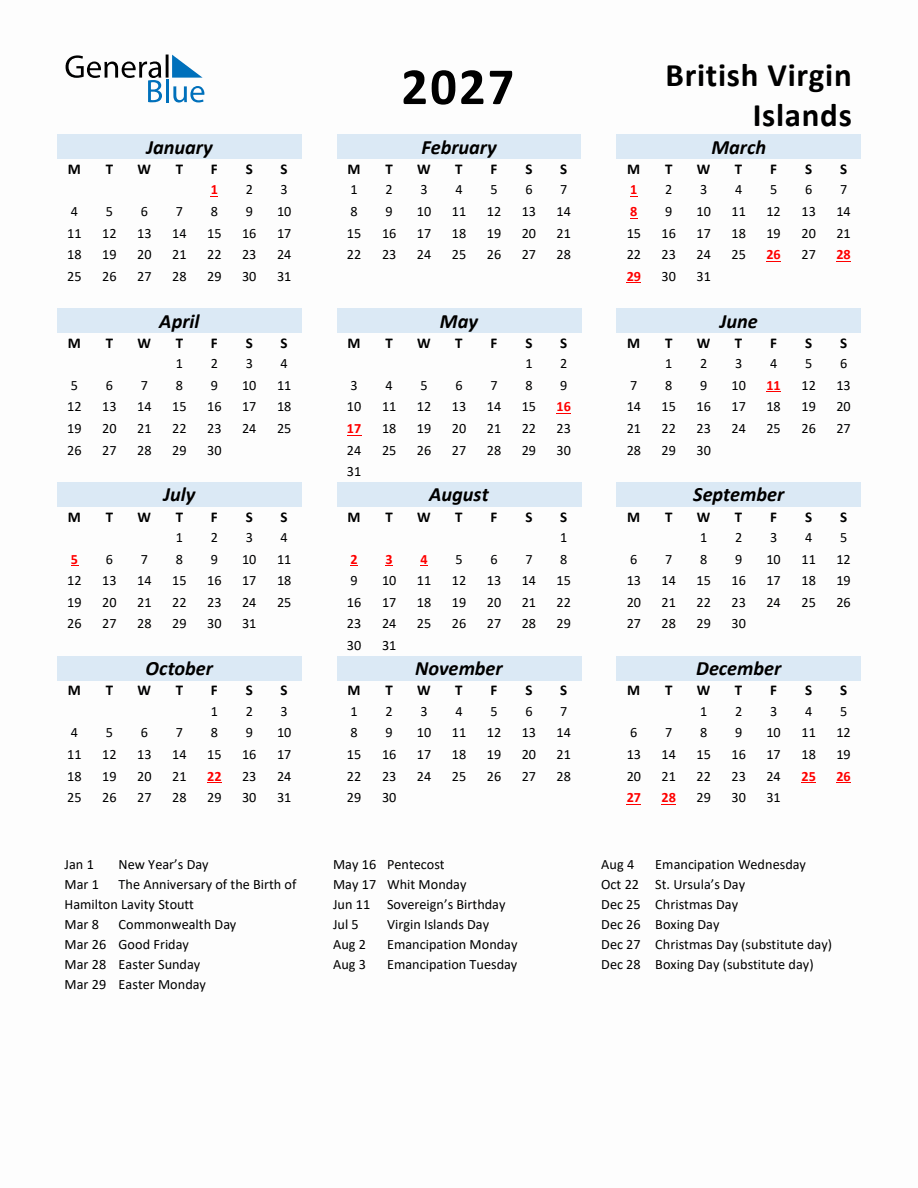 2027 Yearly Calendar for British Virgin Islands with Holidays - Monday ...