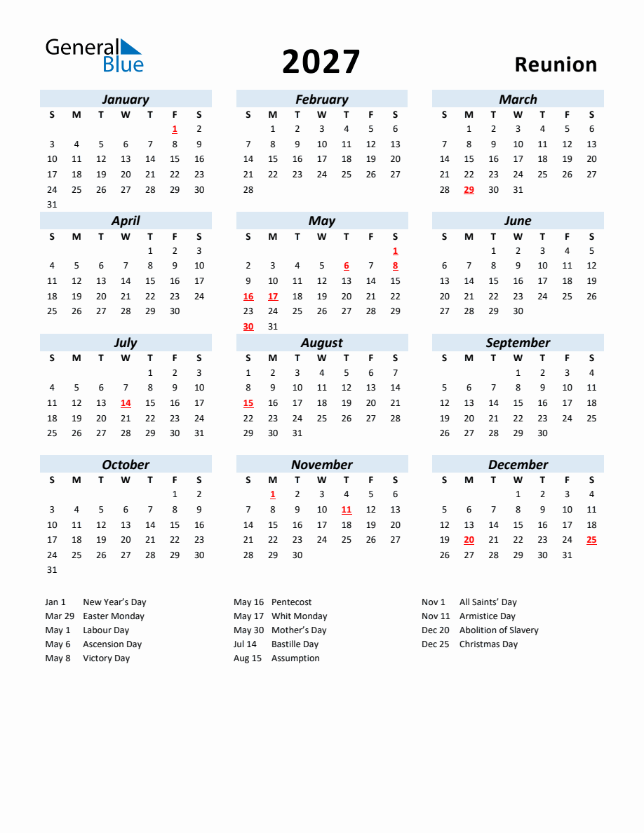 2027 Yearly Calendar for Reunion with Holidays