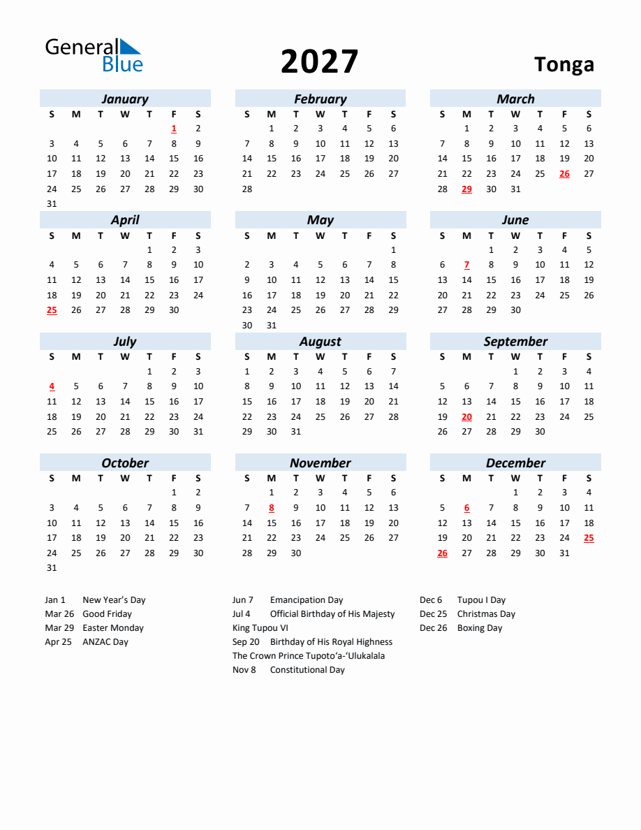 2027 Yearly Calendar for Tonga with Holidays