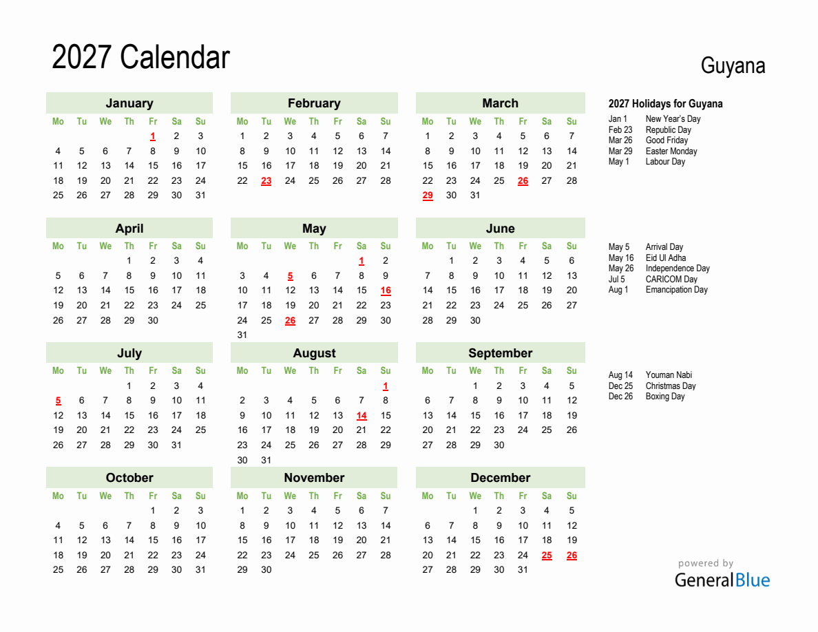 Holiday Calendar 2027 for Guyana - Monday Start
