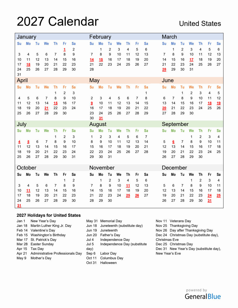 Annual Calendar 2027 with United States Holidays