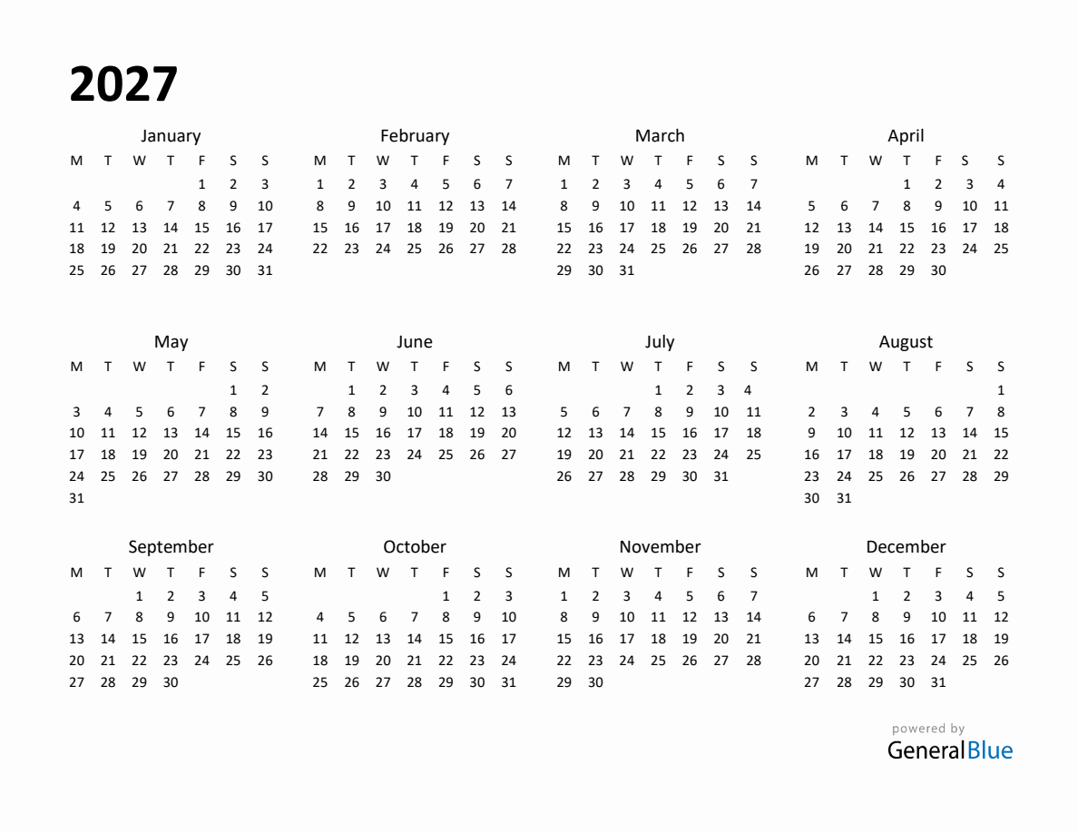 Year Planner 2027 Template with Monday Start