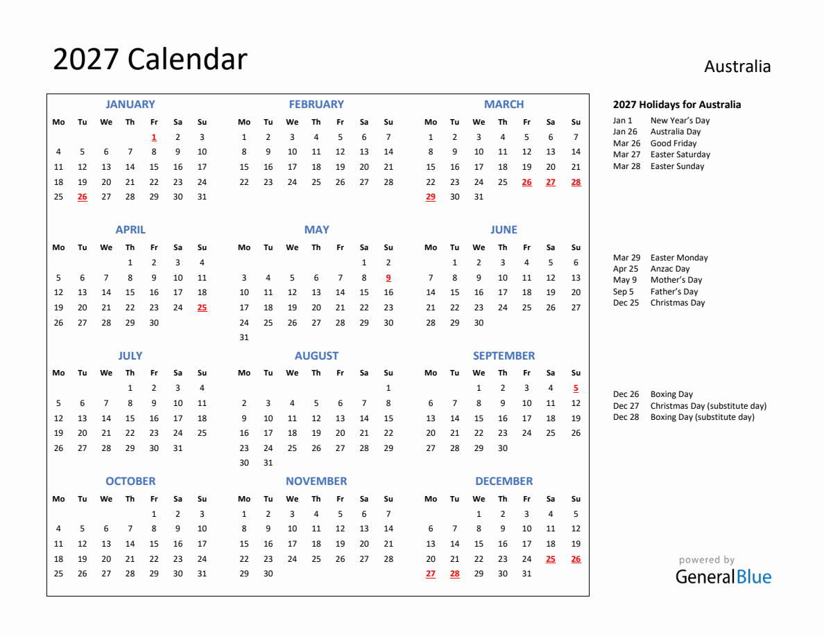 2027 Calendar with Holidays for Australia
